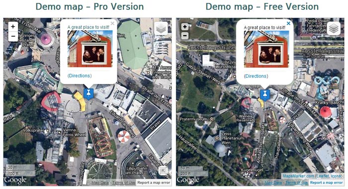 Demo map comparing free and pro version side-by-side › Maps Marker Pro